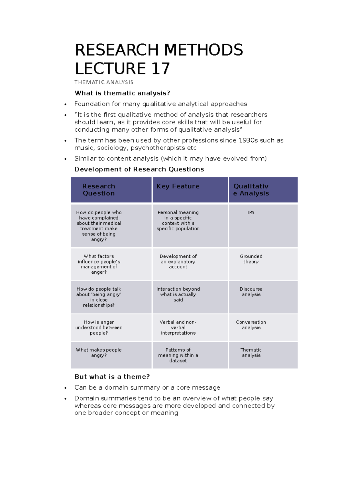 RESEARCH METHODS LECTURE NOTES - RESEARCH METHODS LECTURE 17 THEMATIC ...