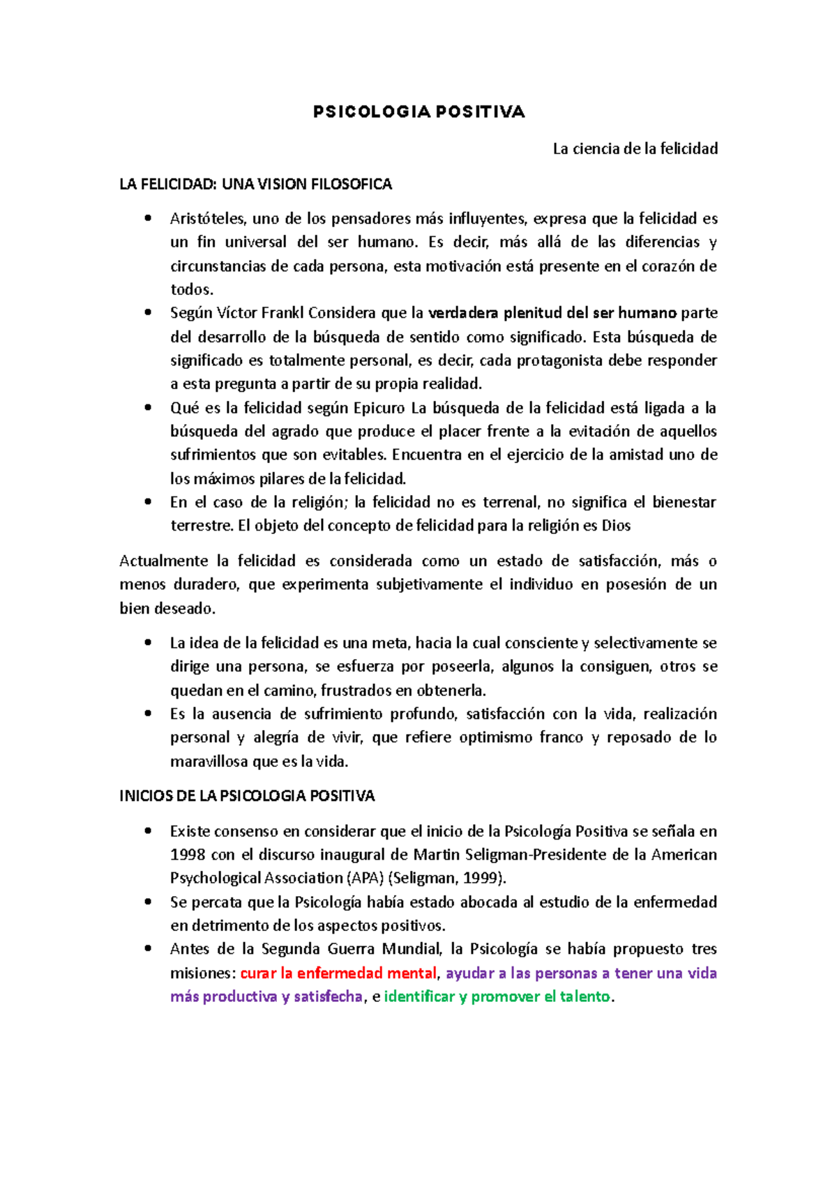 Psicologia Positiva - PSICOLOGIA POSITIVA La ciencia de la felicidad LA ...