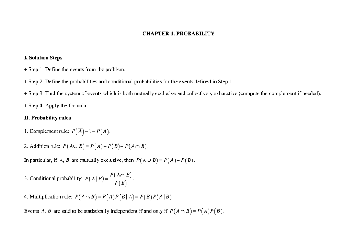 Review - Probability - CHAPTER 1. PROBABILITY I. Solution Steps + Step 1: Define the events from ...
