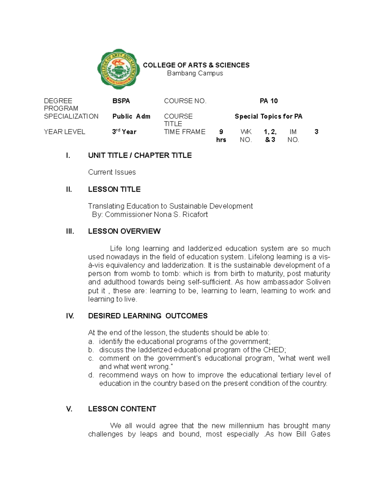 Special Topics IM 3 - COLLEGE OF ARTS SCIENCES Bambang Campus DEGREE ...