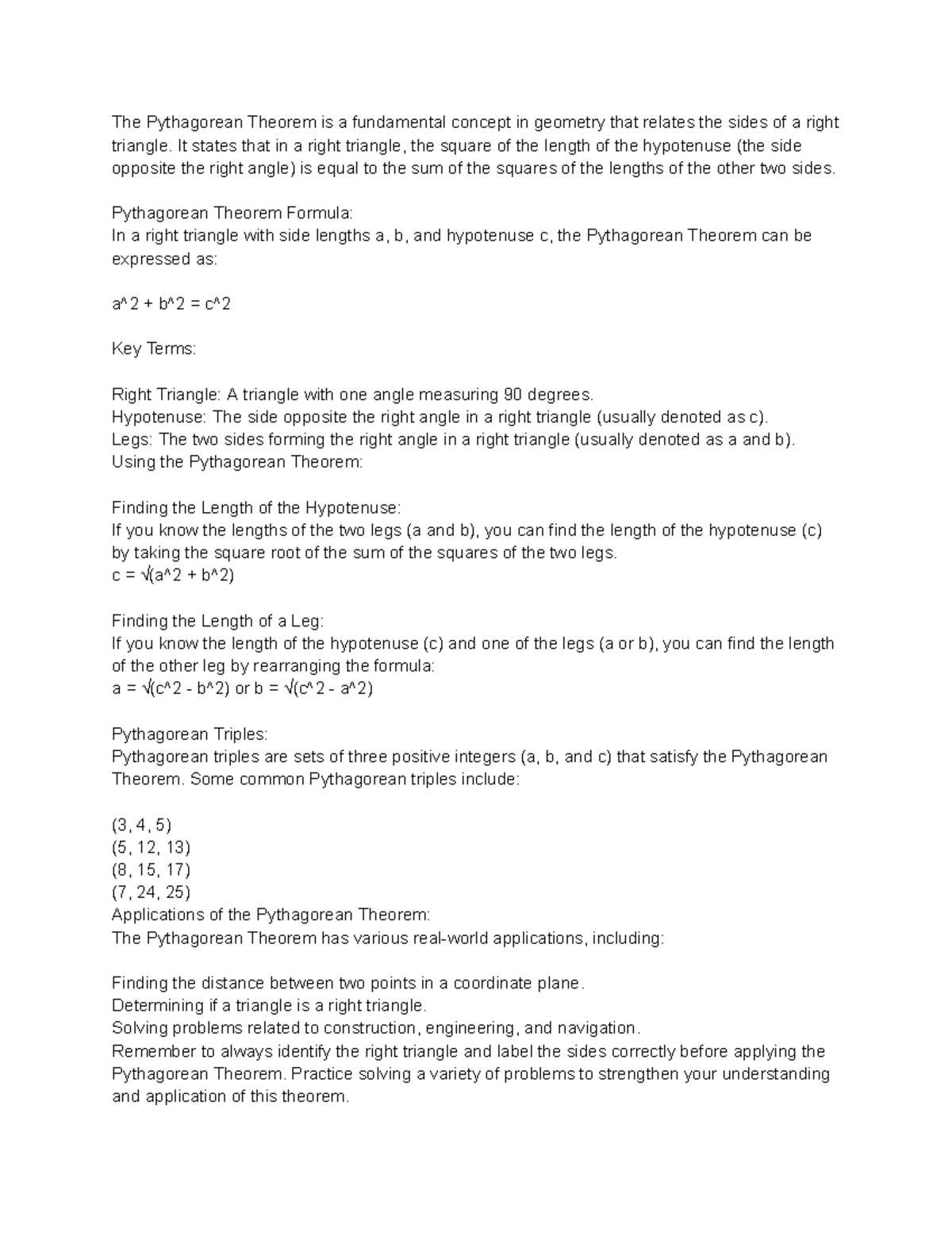 Pythagorean Theorem - It states that in a right triangle, the square of ...