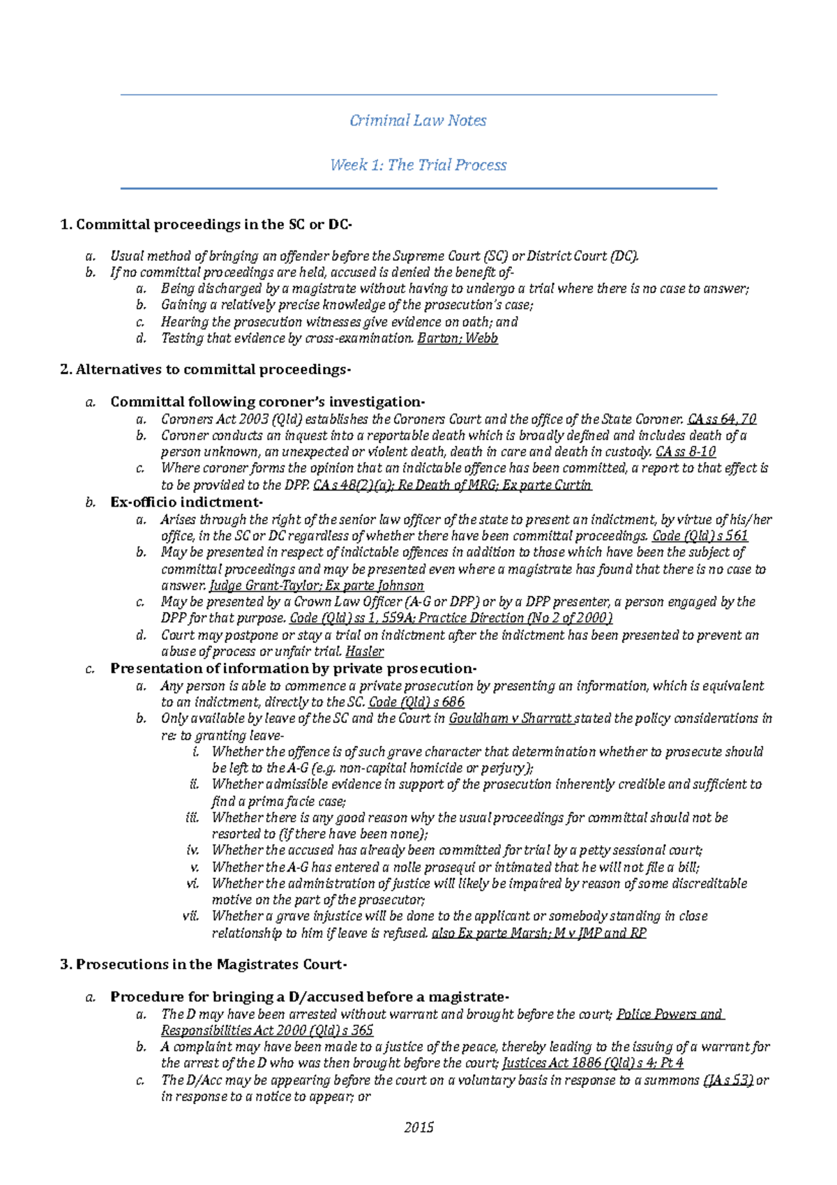 2015 Criminal Law Notes - Criminal Law Notes Week 1: The Trial Process ...