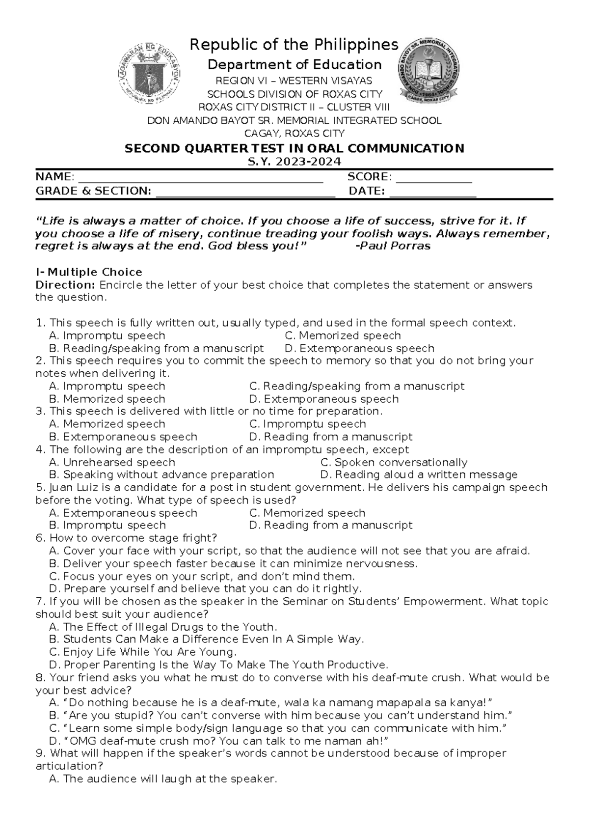 ORAL COM - Oral Communication handouts - Republic of the Philippines ...