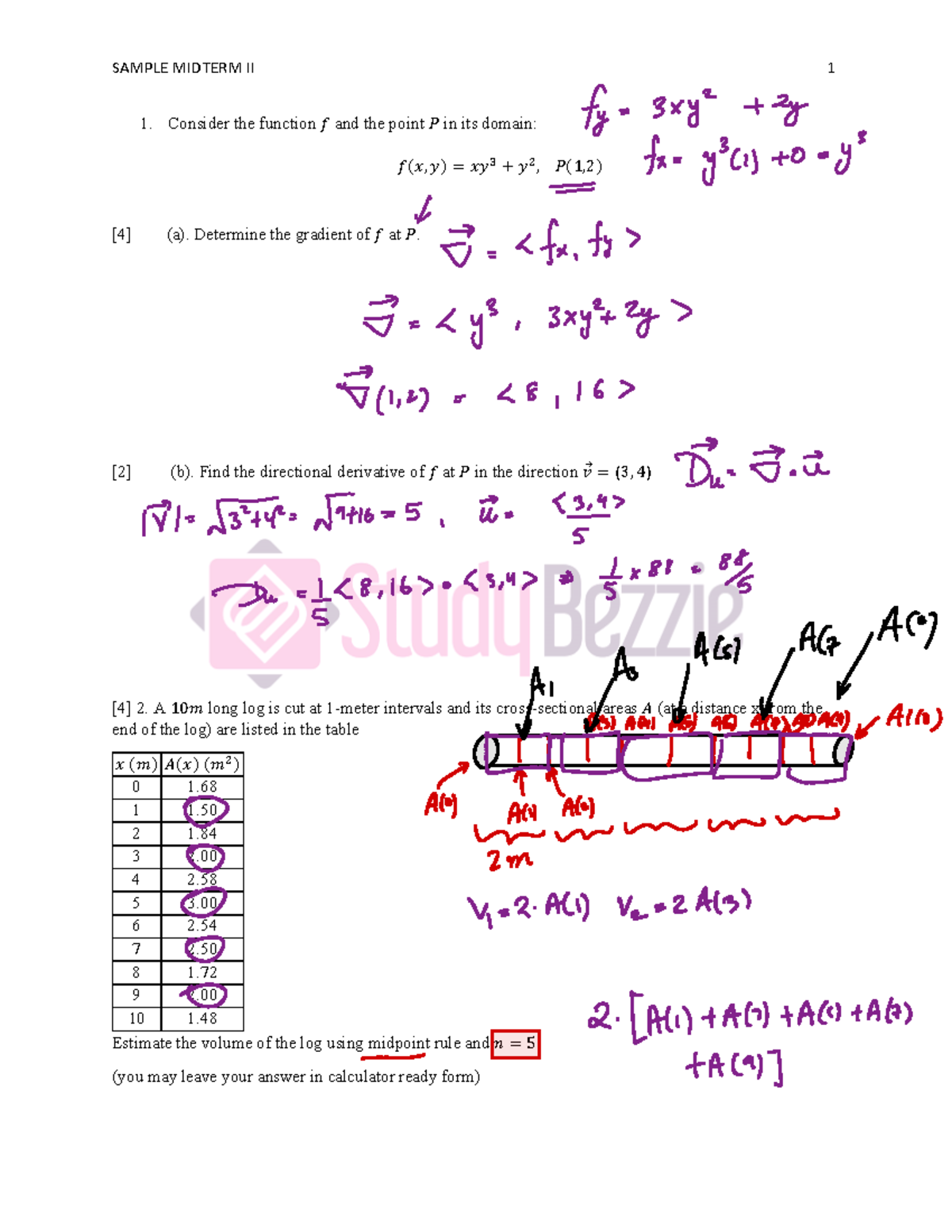 Math 155 midterm 2 - SAMPLE MIDTERM II 1 1. Consider the function 𝑓 and the point 𝑃 in its ...