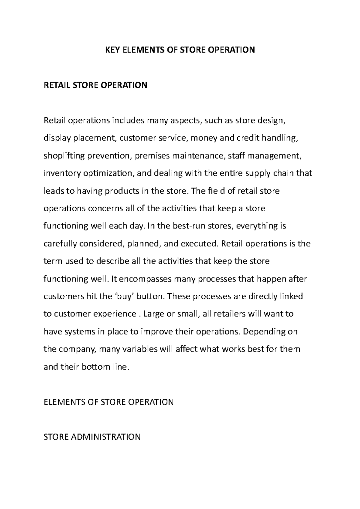 KEY Elements OF Store Operation - KEY ELEMENTS OF STORE OPERATION ...