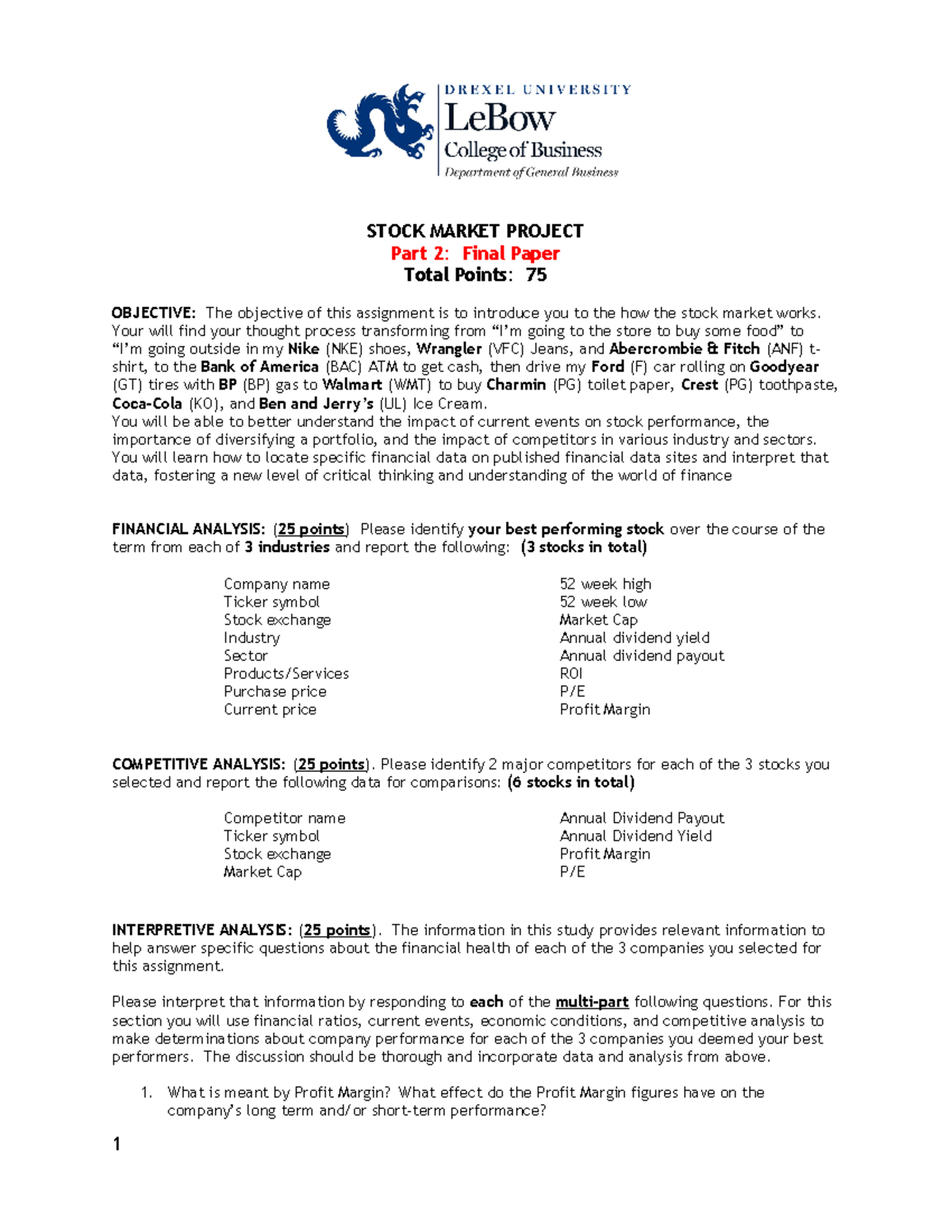 Stock Market Project Part 2 - Fall 2023 75 points - STOCK MARKET ...