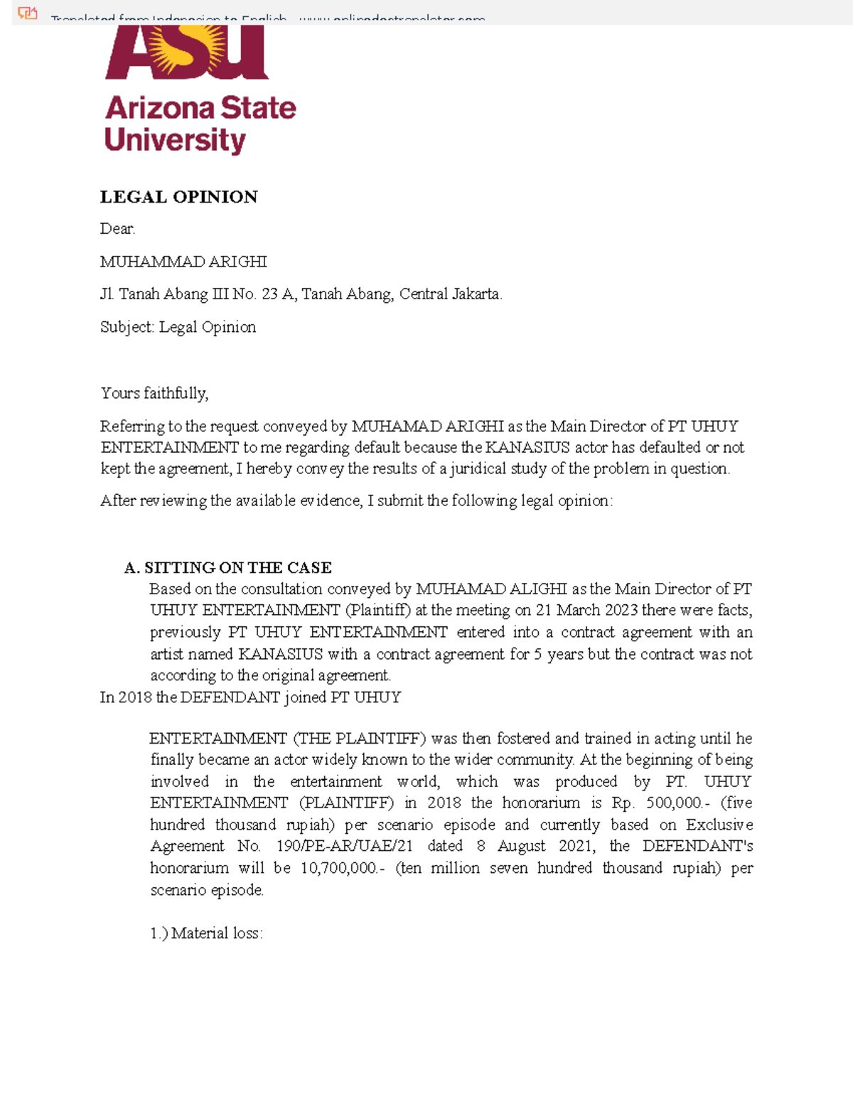 Legal Opinion on Employment Contract Agreement Cases - LEGAL OPINION ...