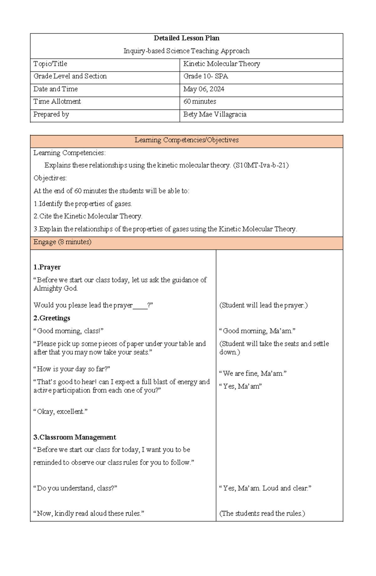 Detailed 5 E's Lesson Pla 4 Kinetic theory - Detailed Lesson Plan ...