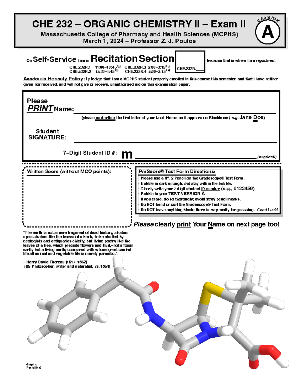 CHE 232 Exam IIA 3 - exam - ParScore® Test Form Directions: Please use ...