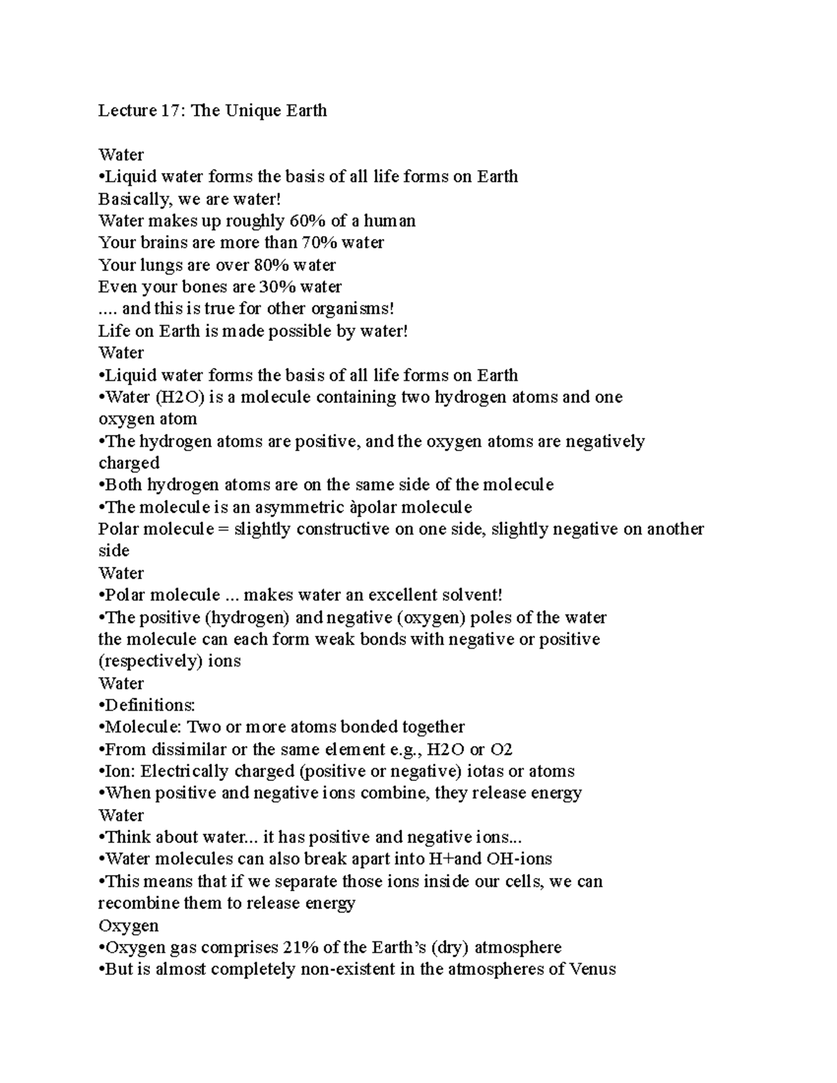 Lecture 17 The Science of Earth - Lecture 17: The Unique Earth Water •Liquid water forms the ...