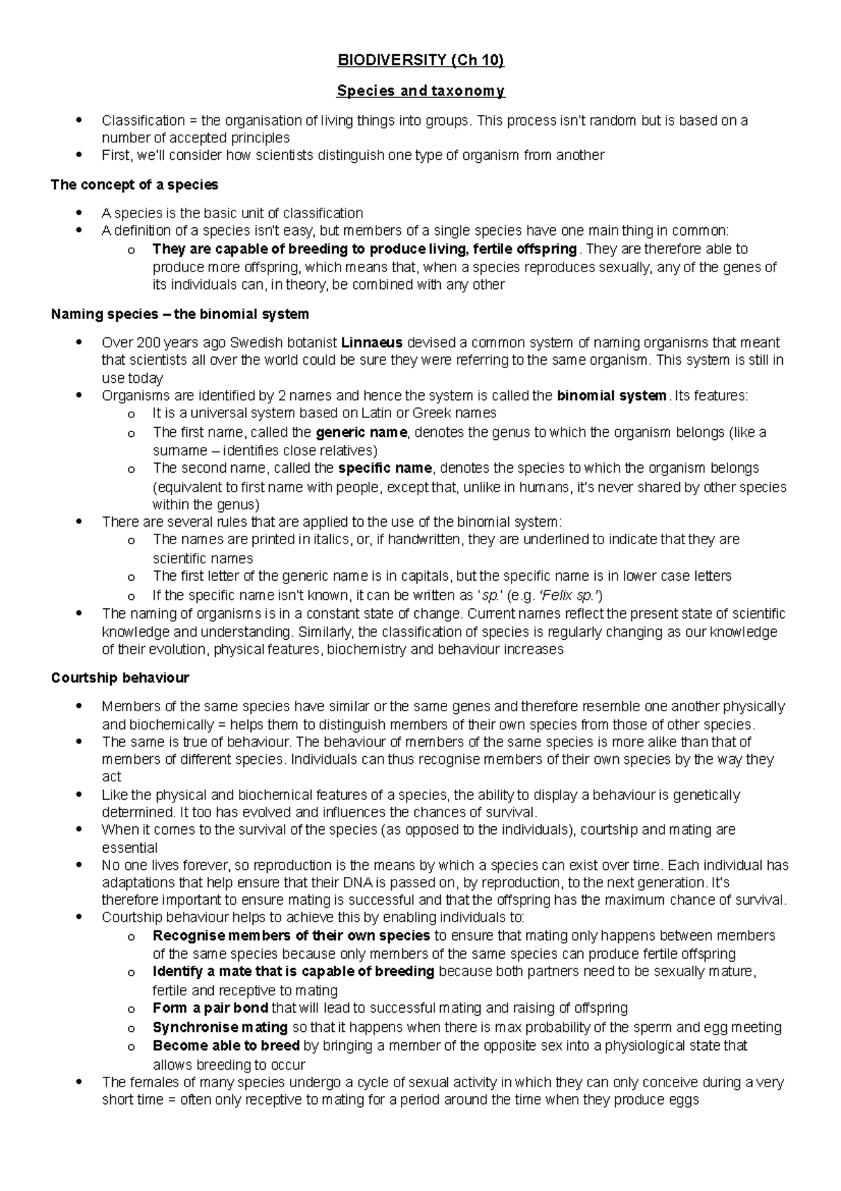 10. Notes - Biodiversity - BIODIVERSITY (Ch 10) Species and taxonomy ...