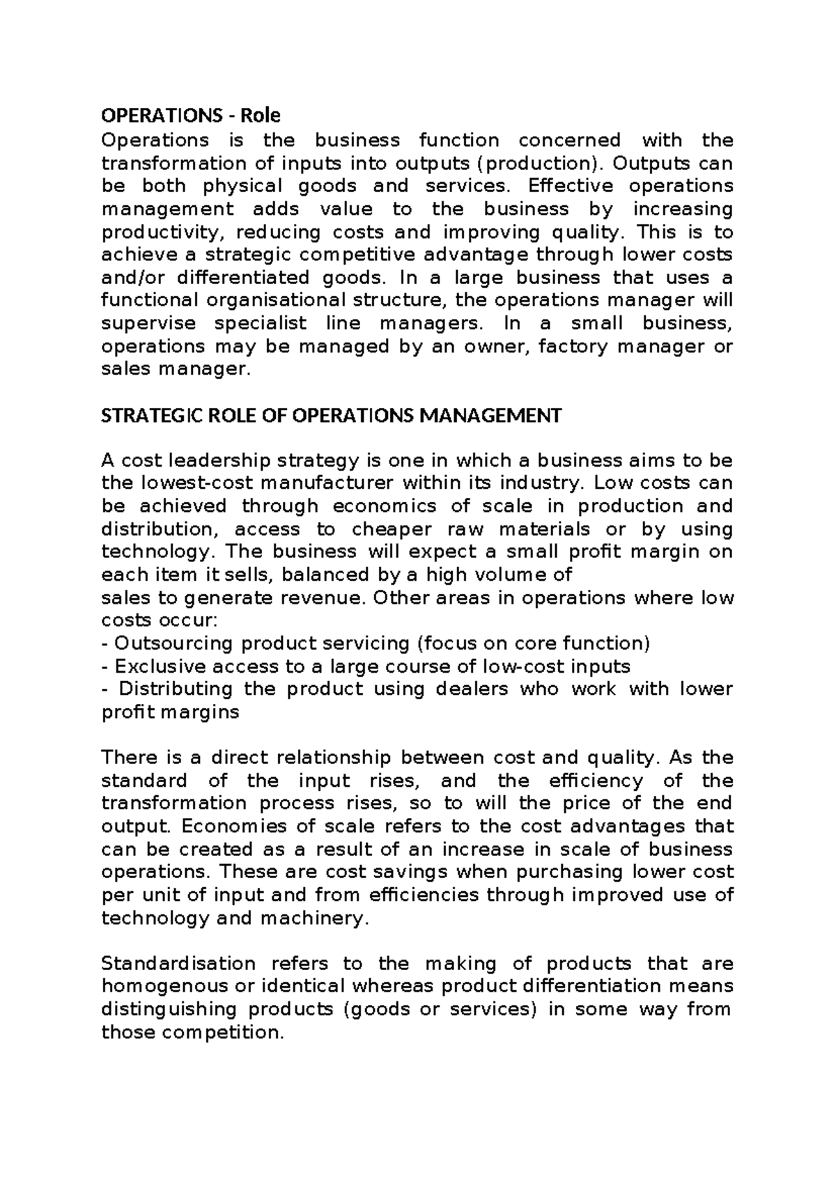 Operations notes - OPERATIONS - Role Operations is the business ...