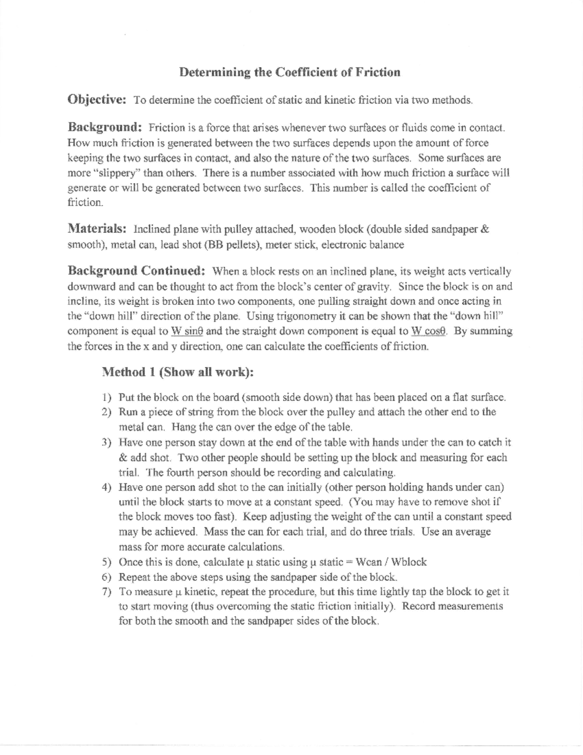 Determining the Coefficient of Friction Activity - Studocu