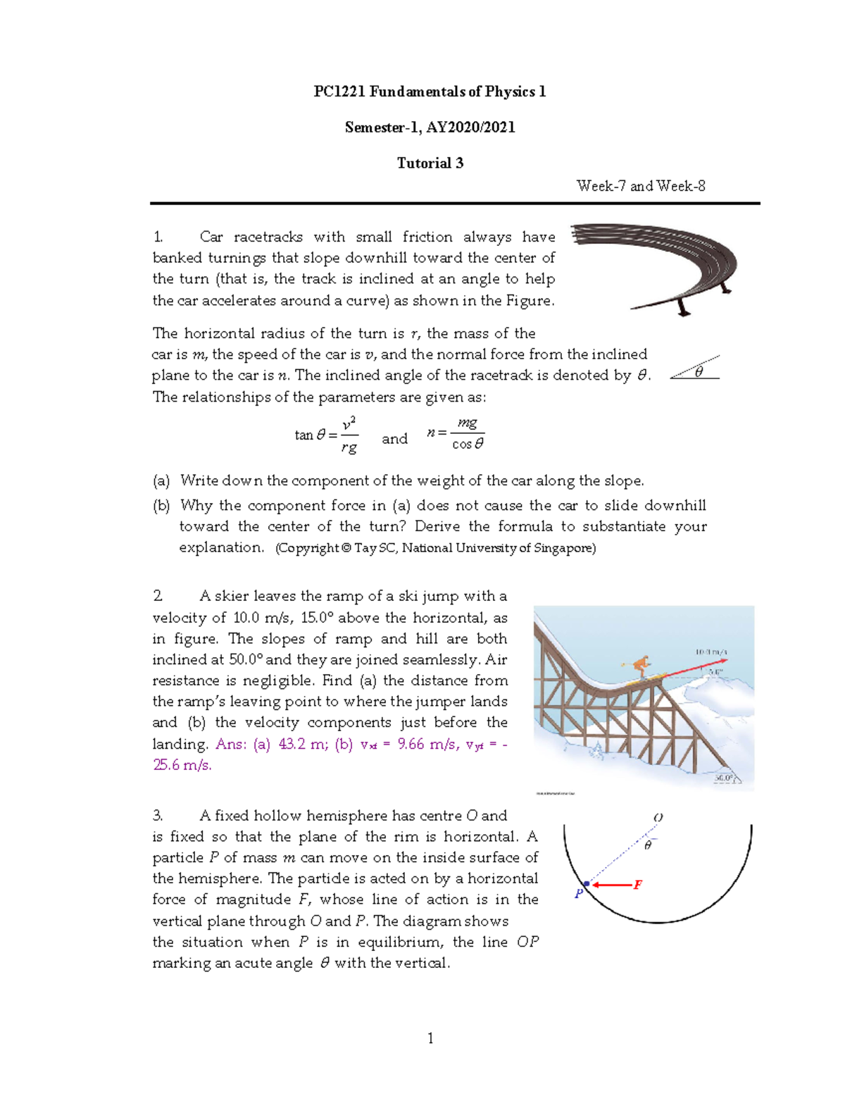 Tutorial 3 PC1221 - PC1221 Fundamentals of Physics 1 Semester-1, AY2020 ...
