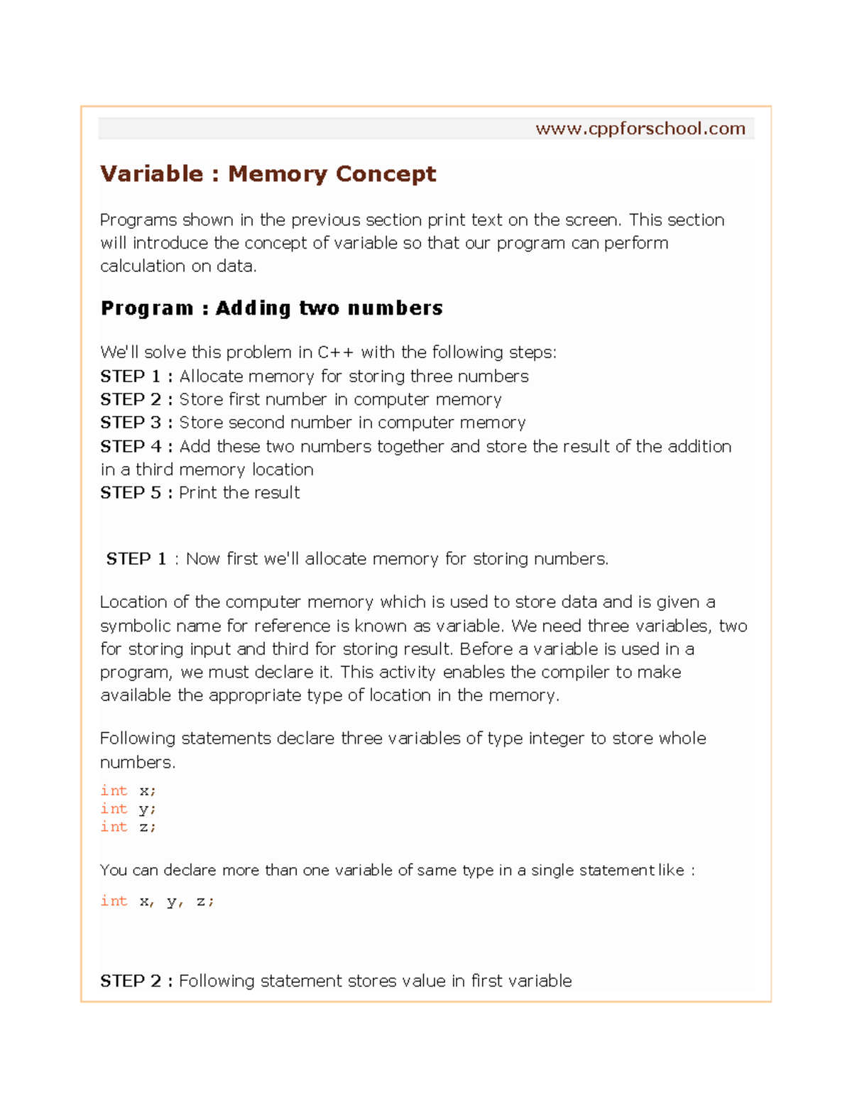Chapter 3 variable memory concept - cppforschool Variable : Memory Concept Programs shown in the ...
