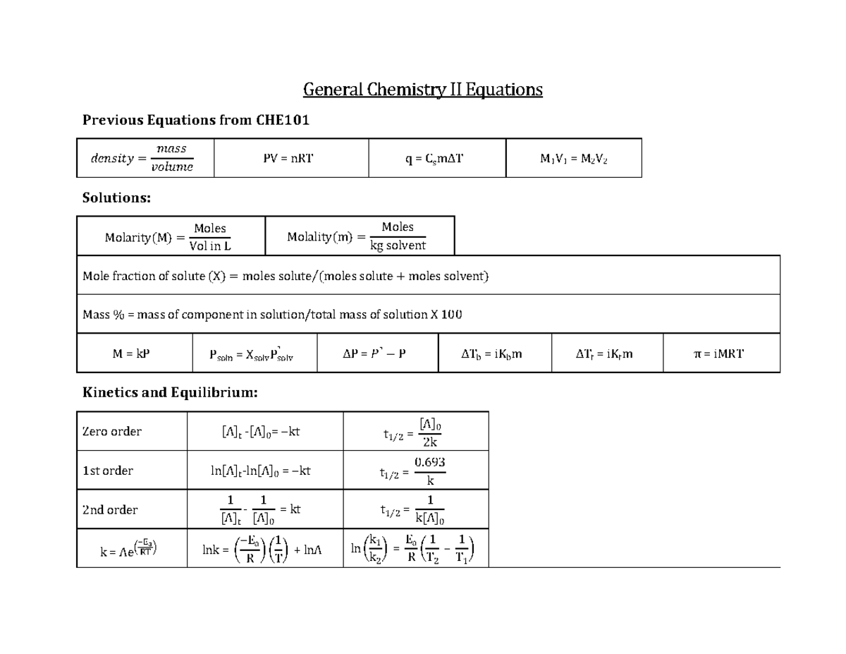 Equation Sheet Samanta - General Chemistry II Equations Previous ...