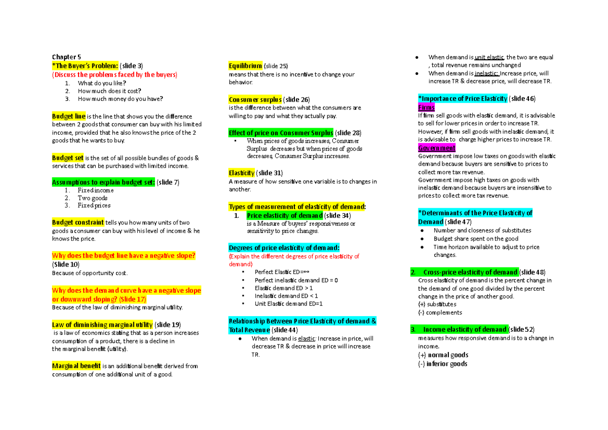Summary - microeconomics - Chapter 5 *The Buyer’s Problem: (slide 3 ...