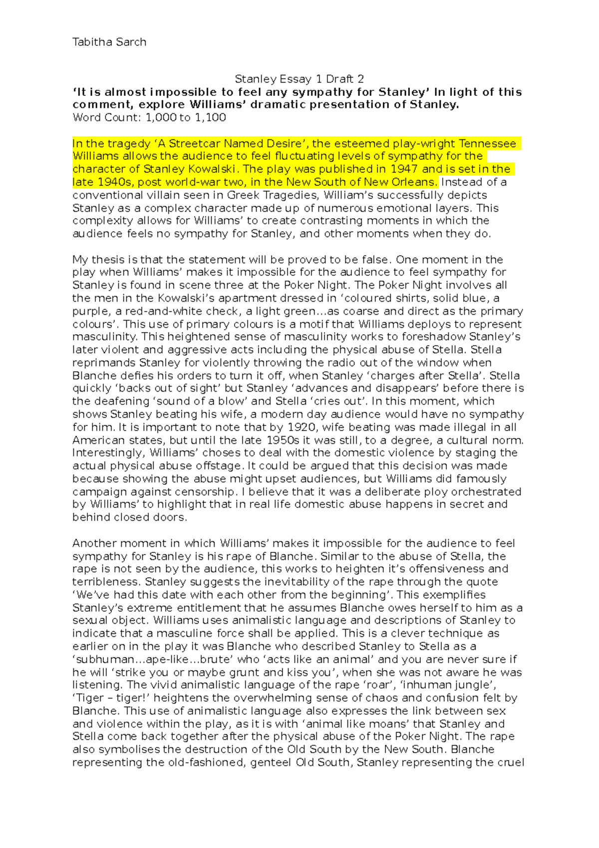 A Streetcar Named Desire Stanley Sympathy Essay - Tabitha Sarch Stanley ...