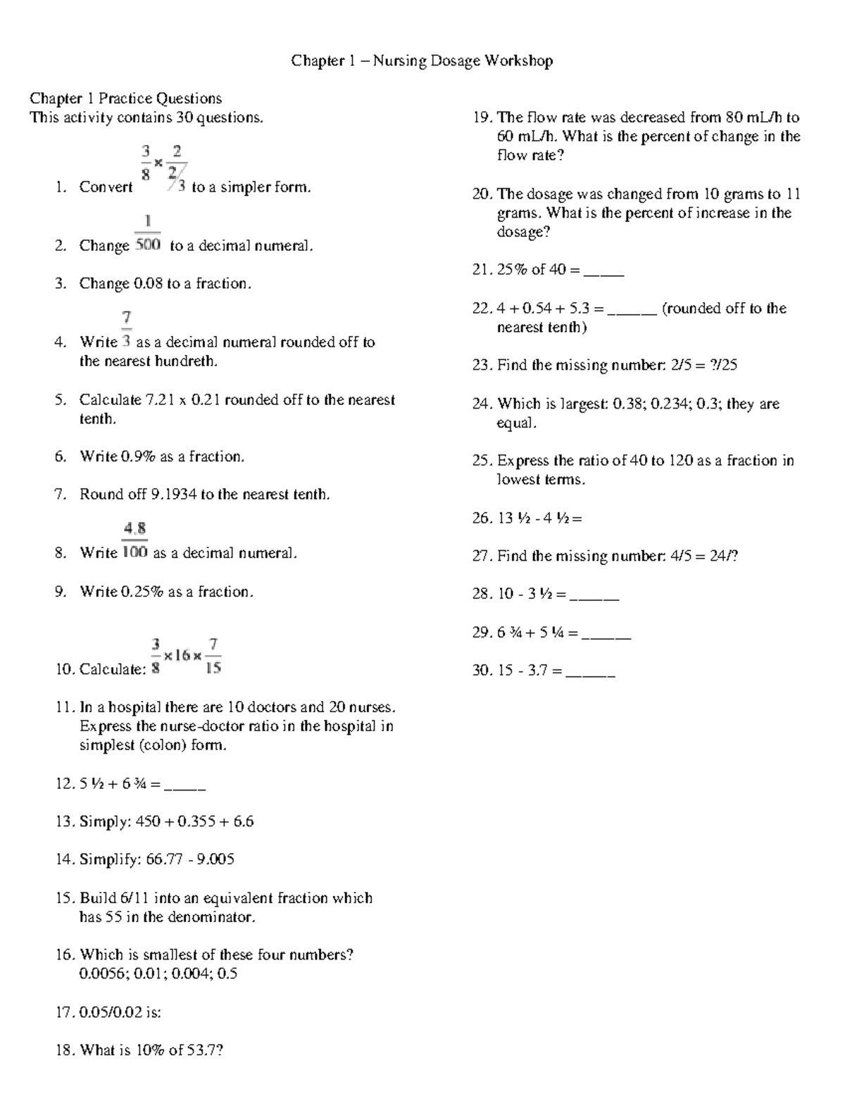 Chapter 1 worksheet - aaaa - Chapter 1 – Nursing Dosage Workshop ...