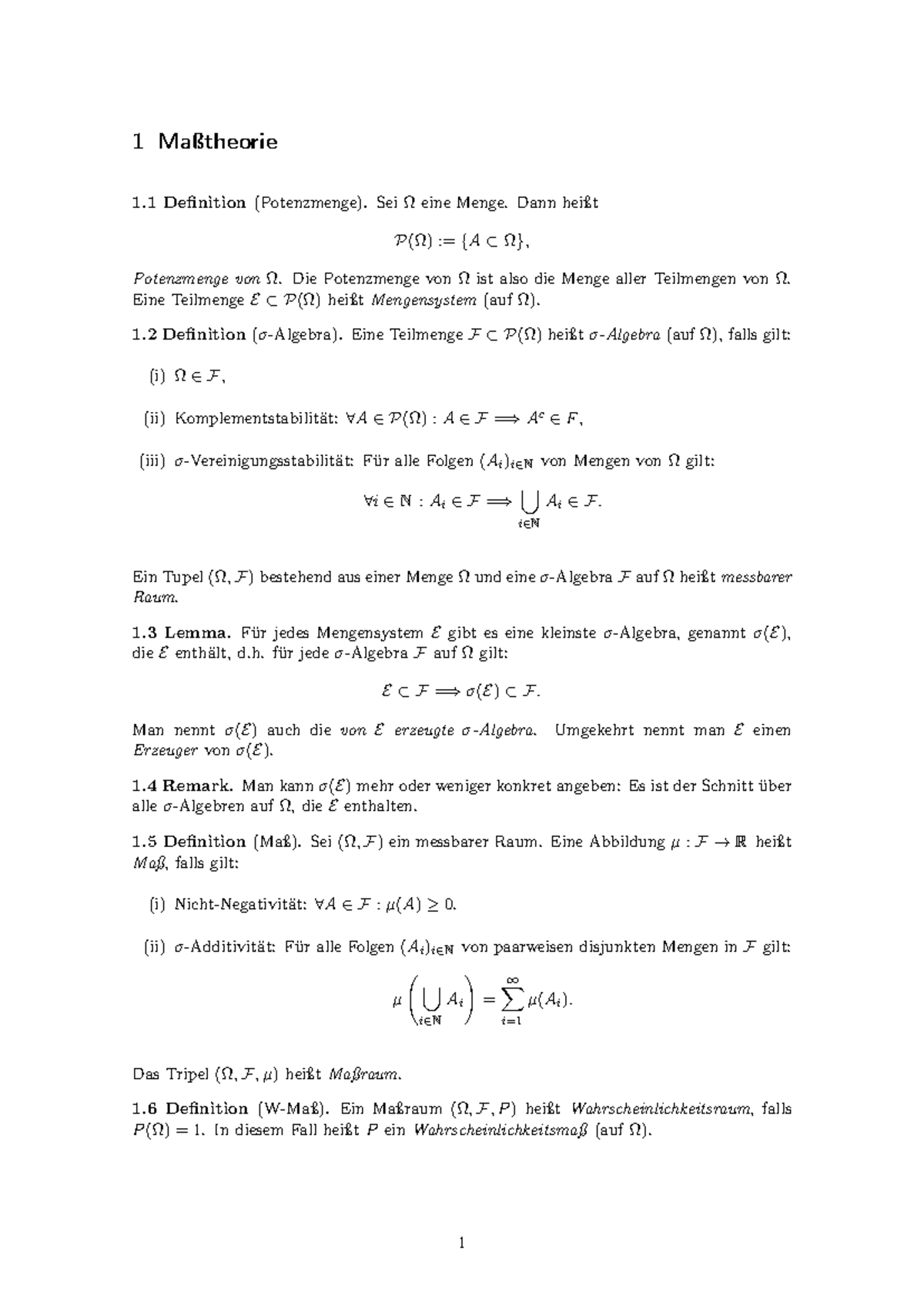 Cheat sheet masstheorie - 1 Maßtheorie 1 Definition (Potenzmenge). Sei ...