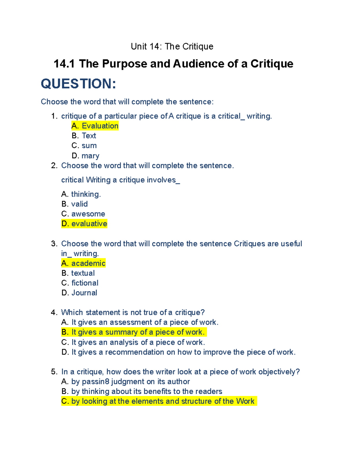 The Purpose and Audience of a Critique Question and Answer - Unit 14 ...
