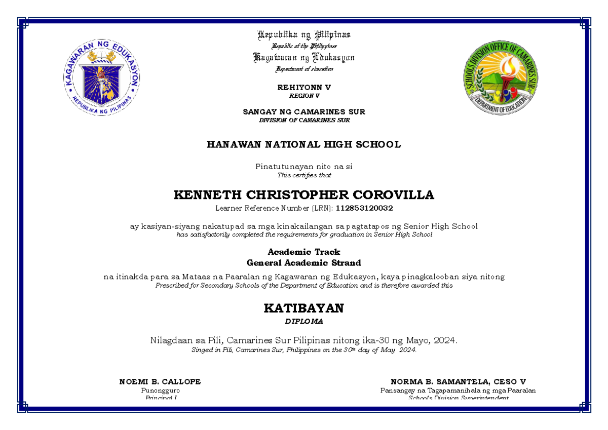 2022 Senior High School Diploma - NOEMI B. CALLOPE Punongguro Principal ...