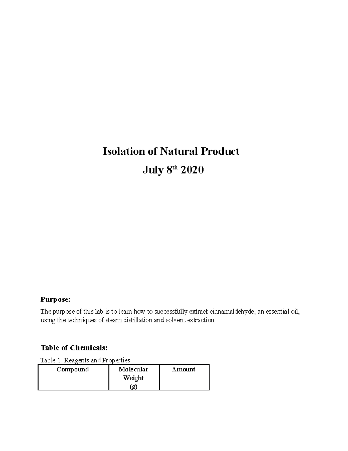Isolation of natural product - Isolation of Natural Product July 8 th ...