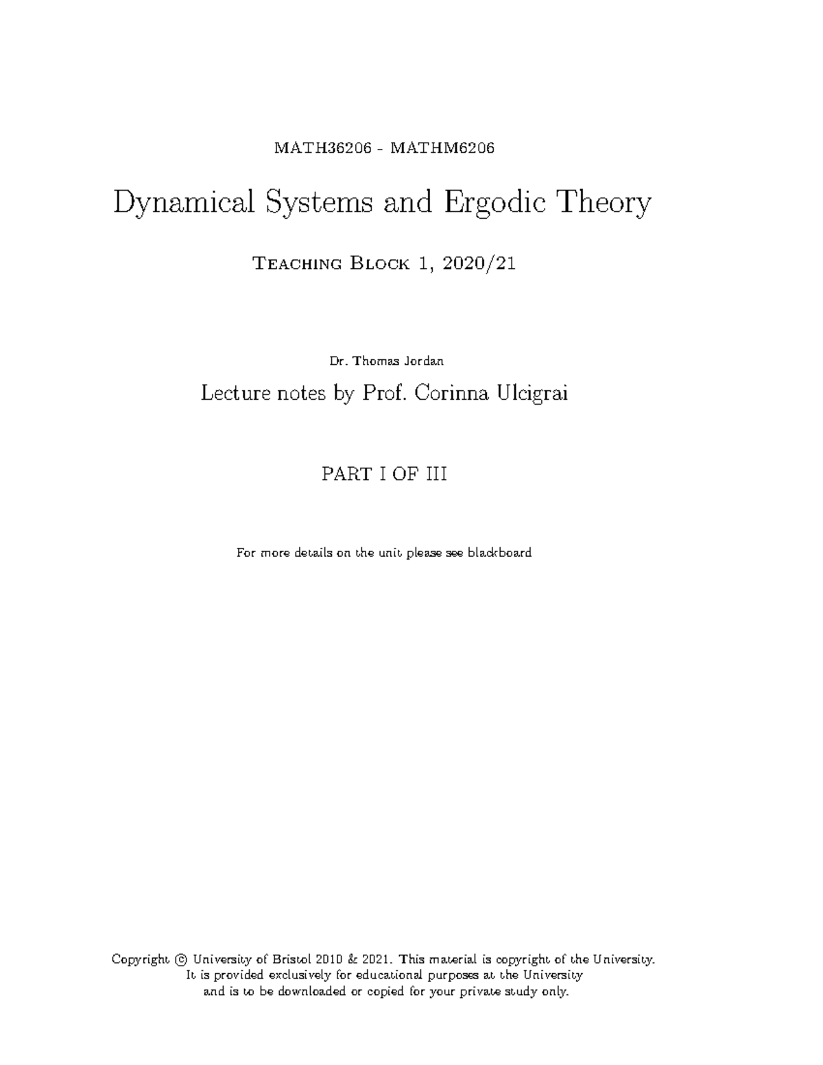 Dyn Sys Erg Th Part I 20-21 - MATH36206 - MATHM Dynamical Systems and Ergodic Theory Teaching ...