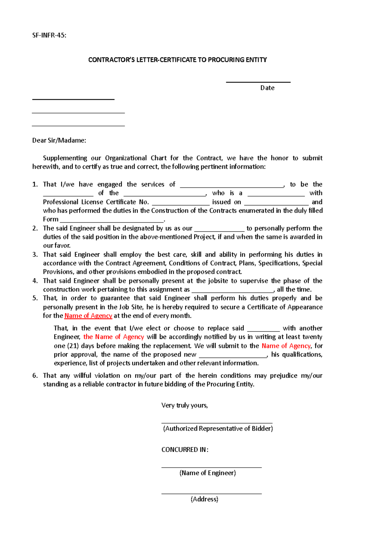 Contractor'S Letter Certificate - SF-INFR-45: CONTRACTOR’S LETTER ...