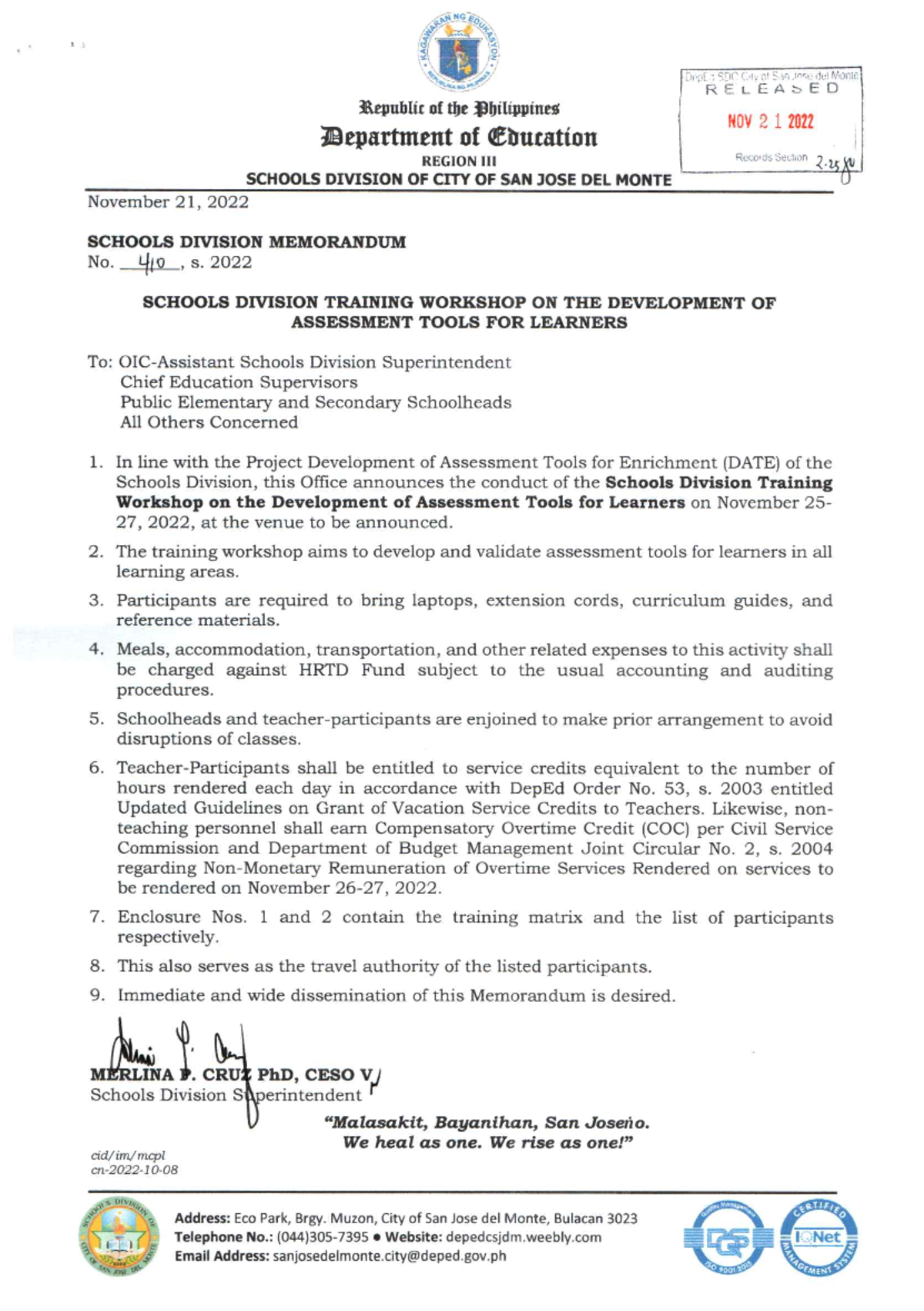 SDM No. 410, s - sample memo - NG SECURITY HOMELAND DepE SDO City of ...