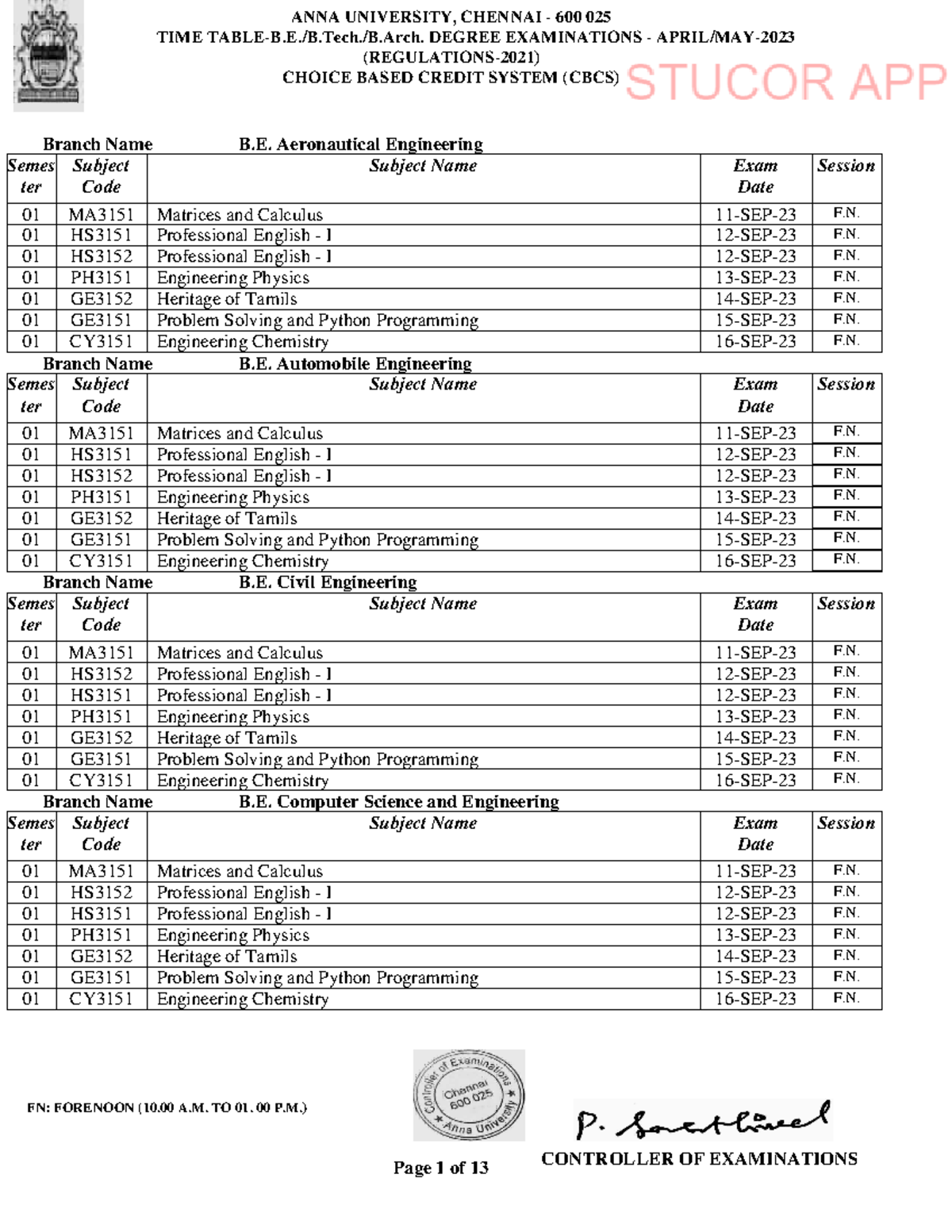Stucor Arrear TT AUCR21 NEW - CONTROLLER OF EXAMINATIONS TIME TABLE-B.E./B.Tech./B. DEGREE - Studocu