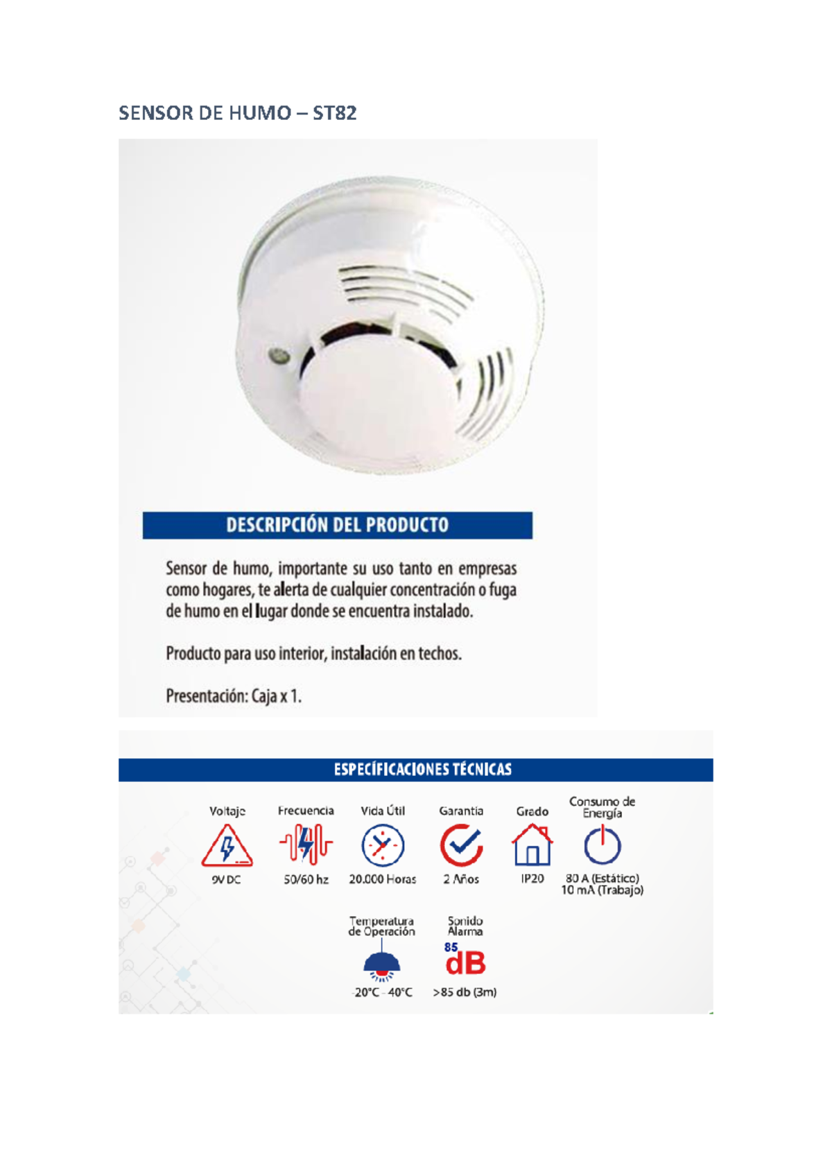 Ficha tecnica sensor de humo ST82 - riesgo quimico - SENSOR DE HUMO ...