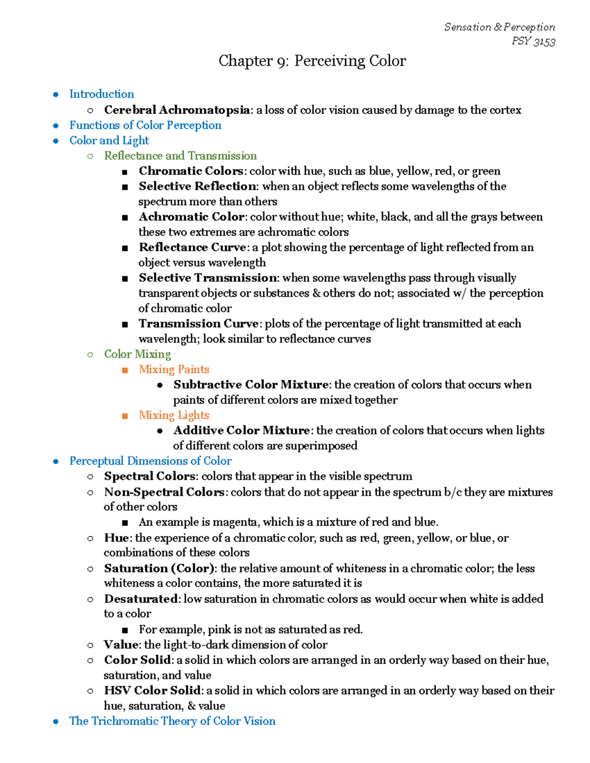 PSY 3153 | Sensation and Perception | Chapter 9: Perceiving Color and ...