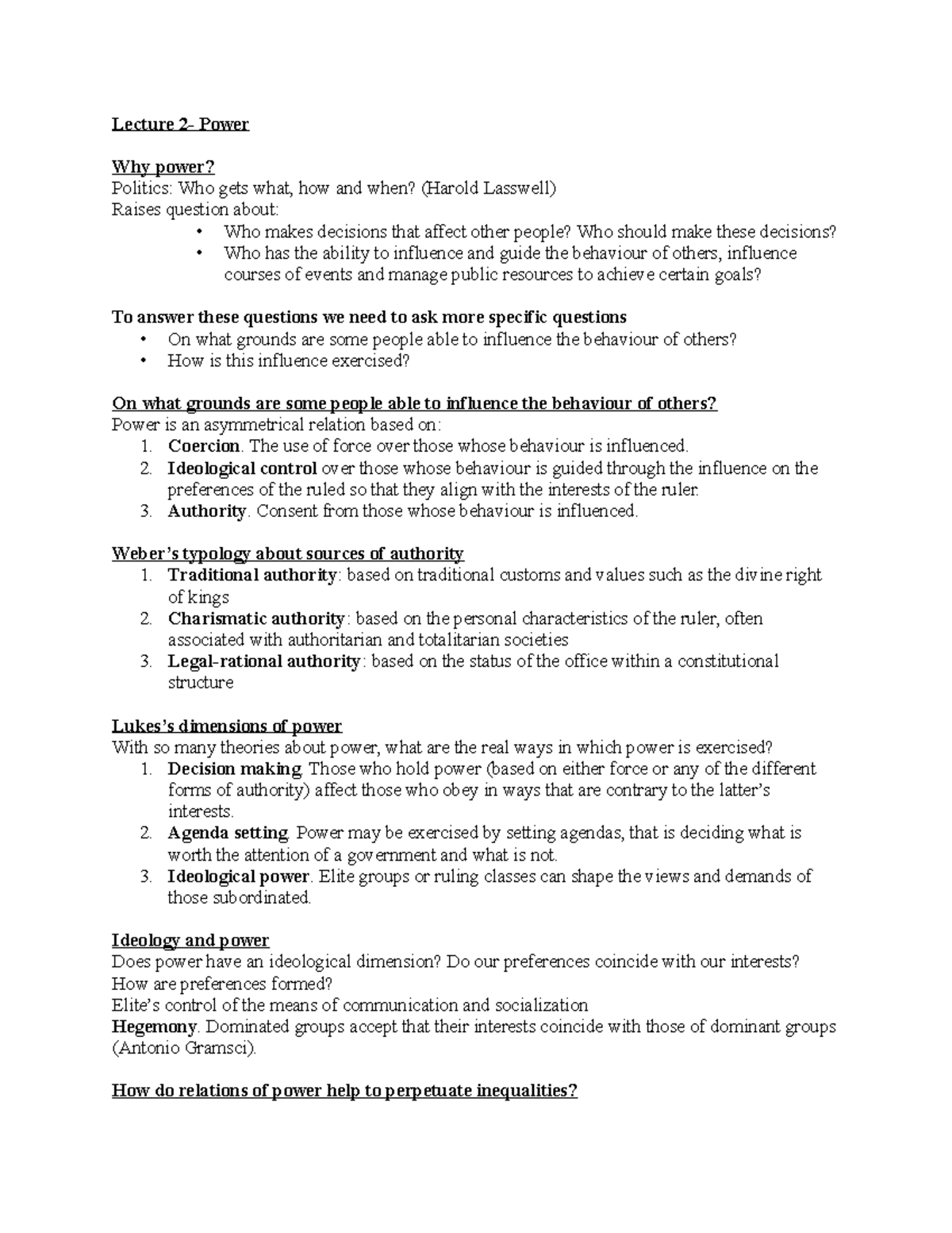 Lecture 2- Power - Lecture 2- Power Why power? Politics: Who gets what ...