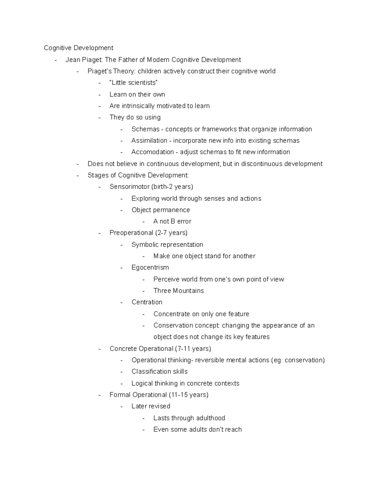 Lecture notes 1 - Cognitive Development Jean Piaget: The Father of ...