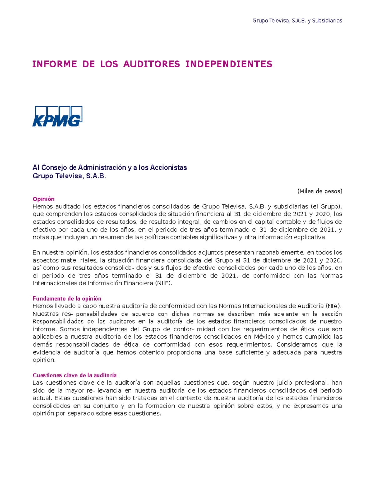 Televisa 2021 ef esp - dfgv - Grupo Televisa, S.A. y Subsidiarias ...