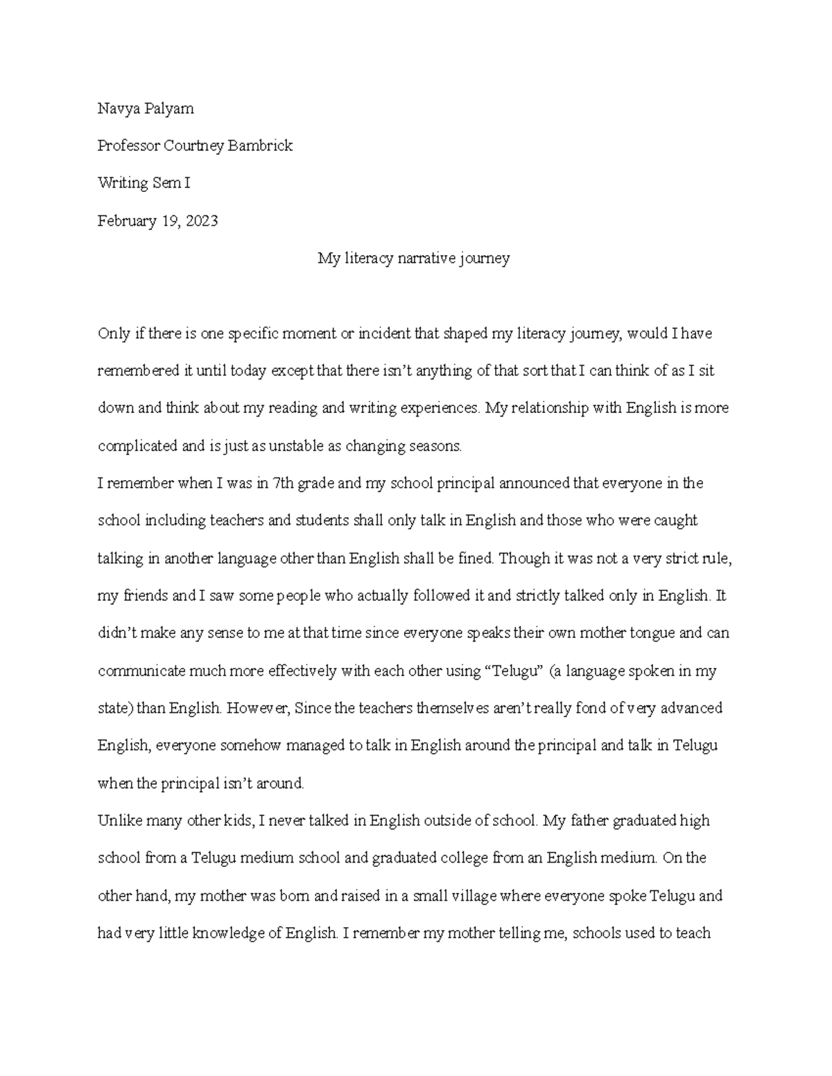 E Paper final draft - Essay of language narrative experience. Just an ...