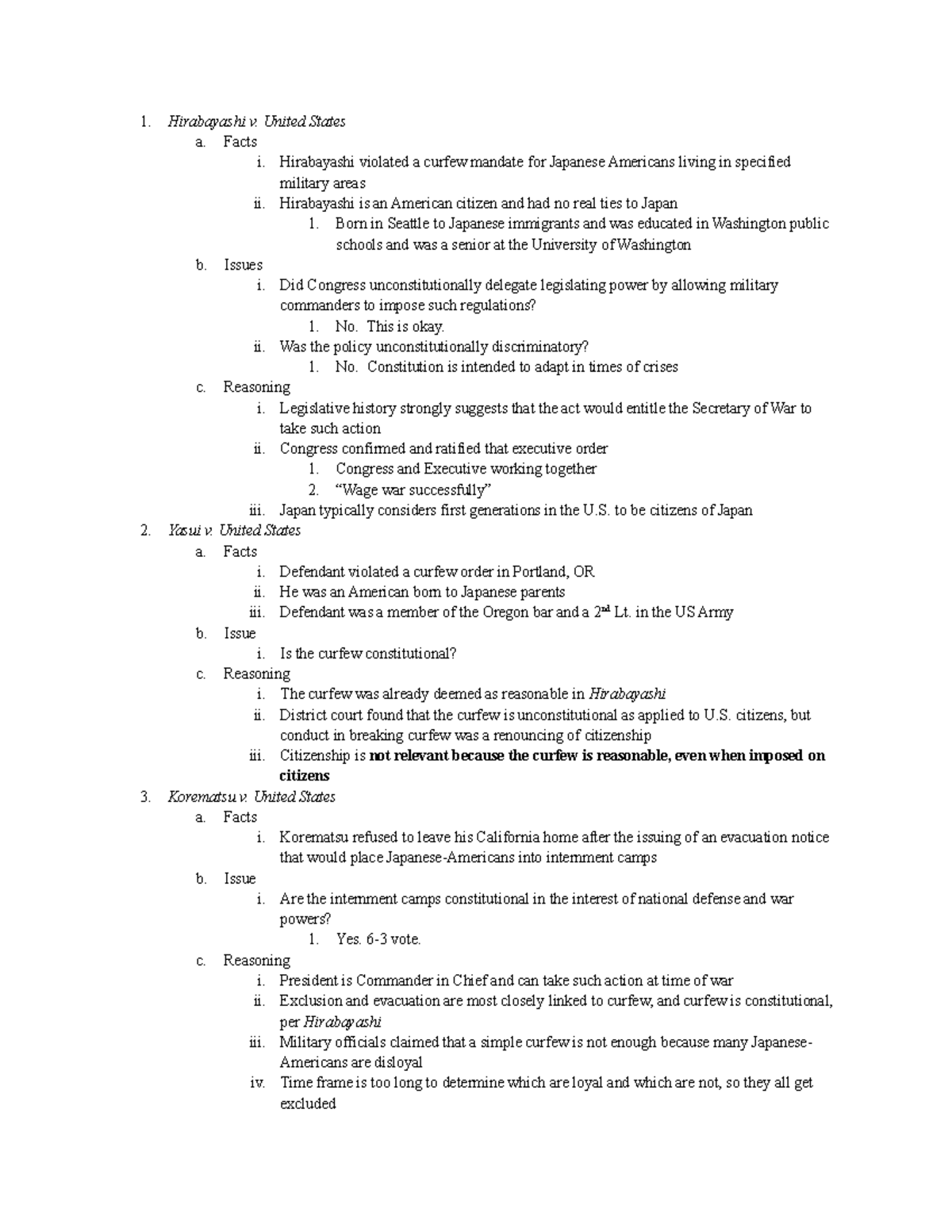Internment - Lecture notes Interment - Hirabayashi v. United States a ...