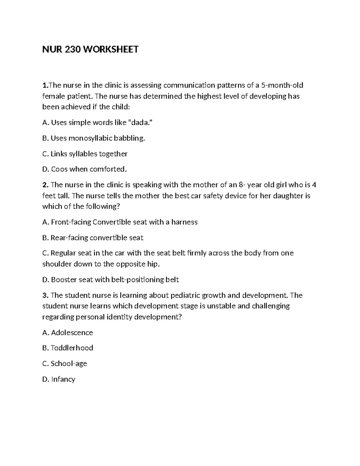Nur+230+Worksheet+ - Practice questions - NUR 230 WORKSHEET 1 nurse in ...