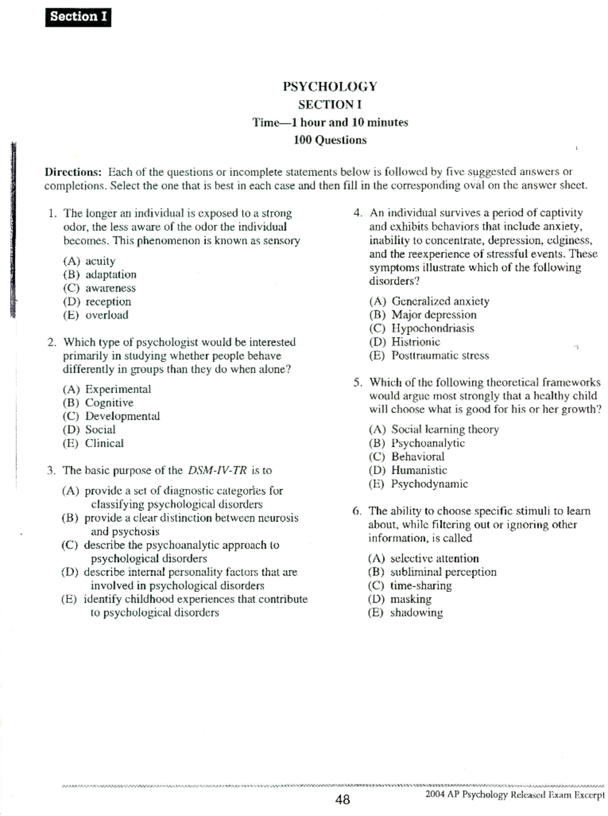 2004 AP Psych MC Exam Key - cjc 4014 - Studocu