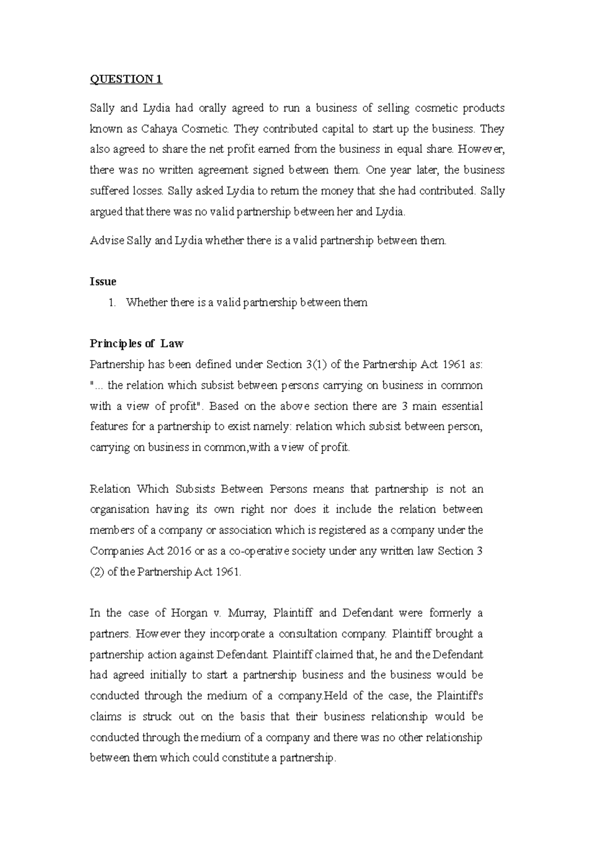 Assignment law - Lecture notes 1-4 - QUESTION 1 Sally and Lydia had ...