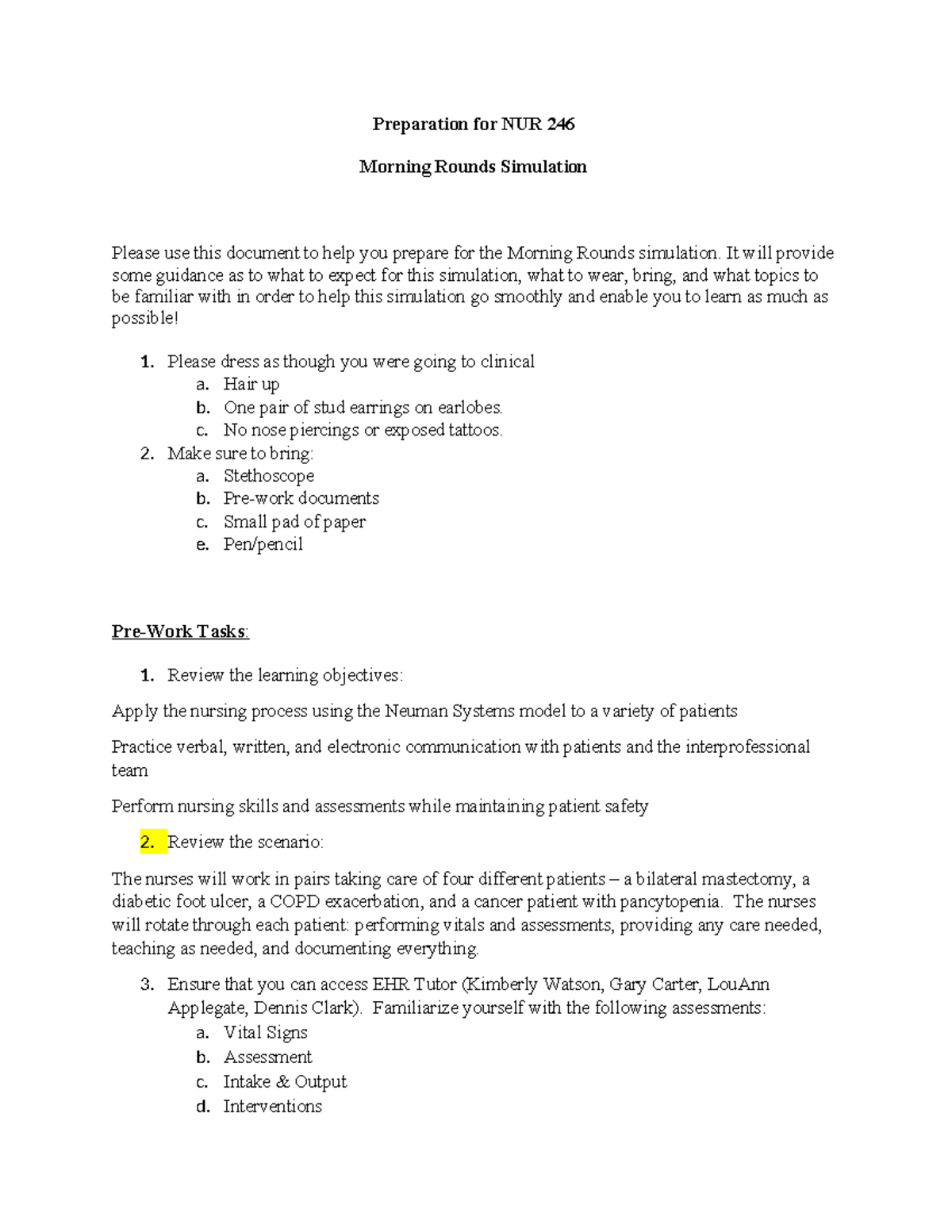 246 Daily Routine Prework - Preparation for NUR 246 Morning Rounds ...