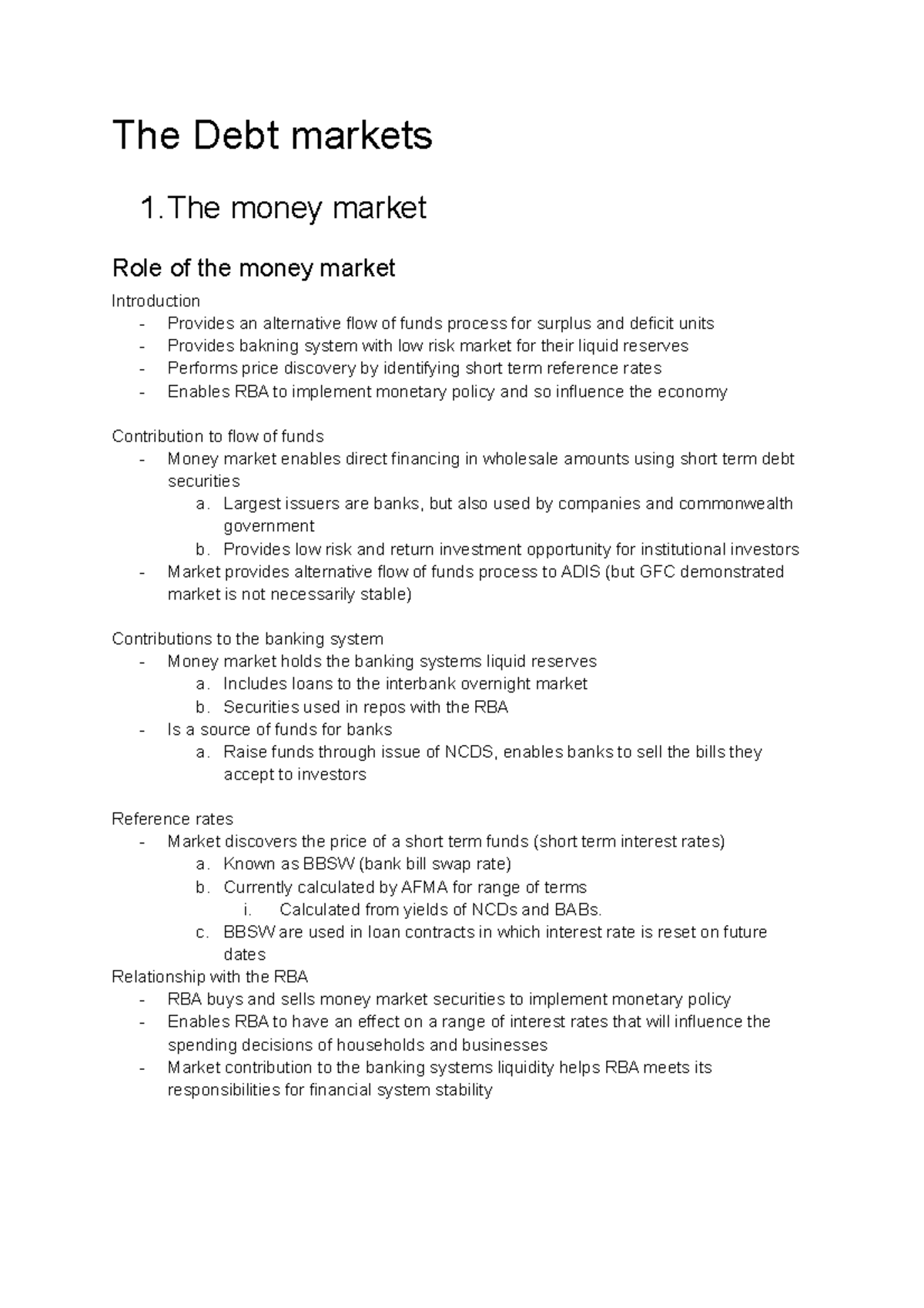 6. The Debt markets - lecture 6 summary - The Debt markets 1 money ...