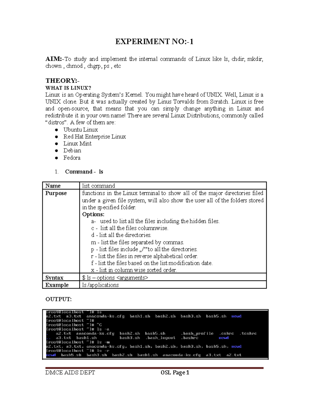 Operating System-expts-4-5 - EXPERIMENT NO:- AIM:-To study and implement the internal commands ...