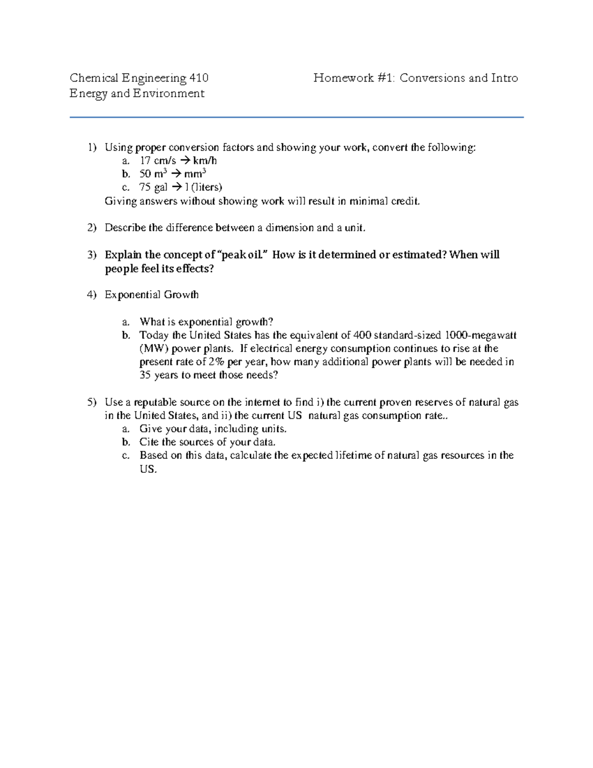 CHE410 Homework 1 - Intro to Energy - Chemical Engineering 410 Energy ...