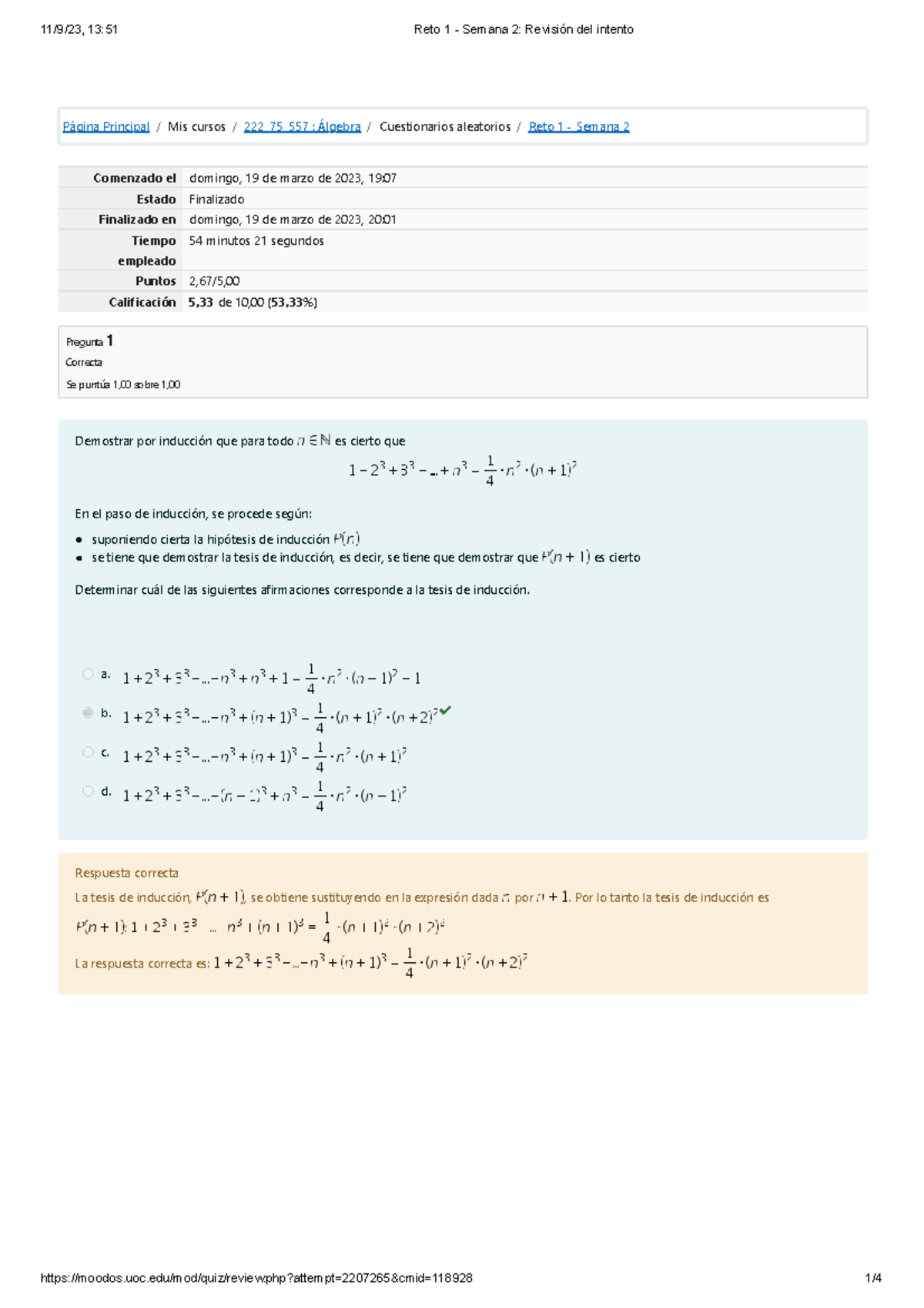 Reto 1 - Semana 2 intento 2 Revisión del intento - Comenzado el domingo ...
