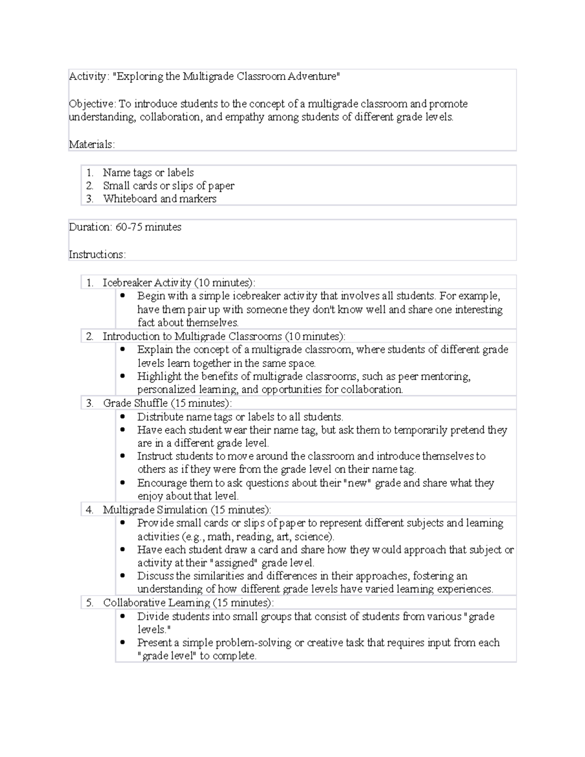 Multi-grade - Activity - Activity: "Exploring the Multigrade Classroom ...
