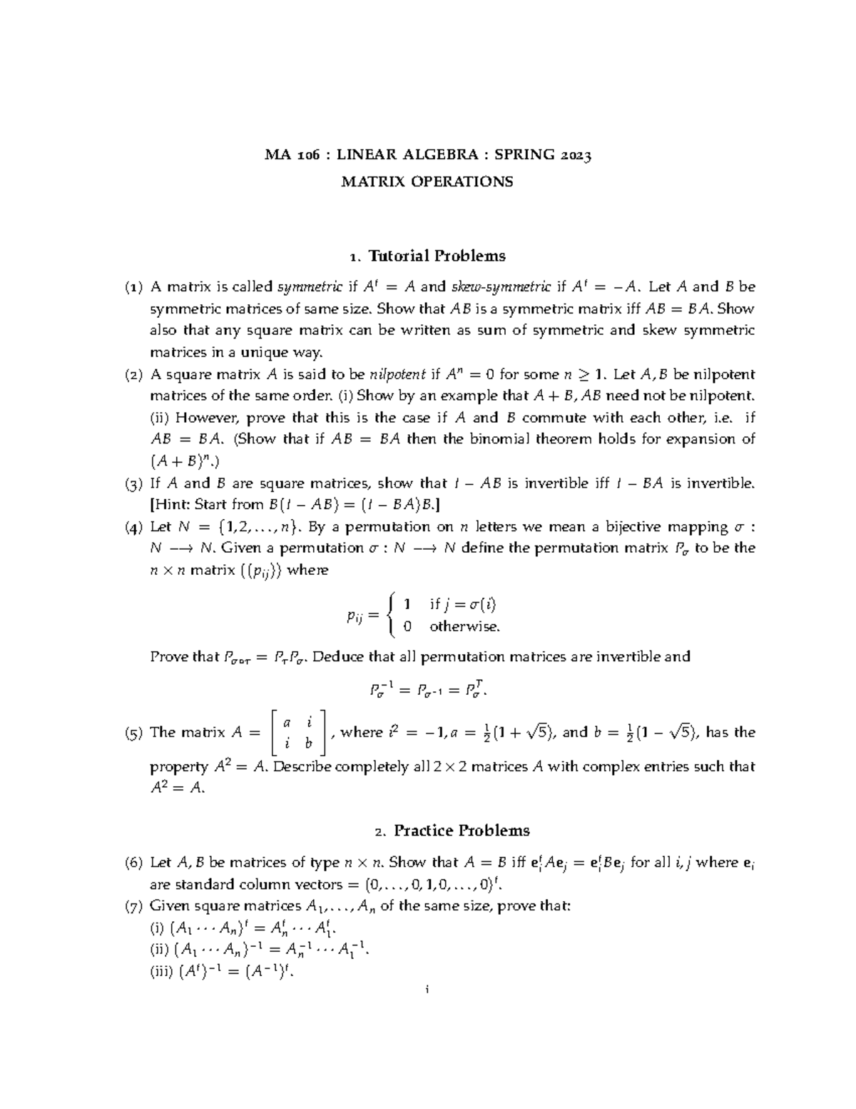 Tut1 matrix operations - MA 106 : LINEAR ALGEBRA : SPRING 2023 MATRIX ...