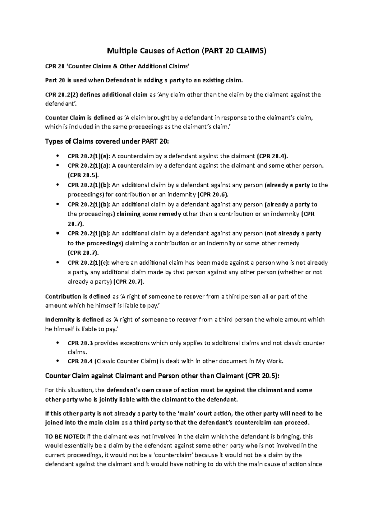 Additional Claims - Part 20 CPR - Multiple Causes of Action (PART 20 ...