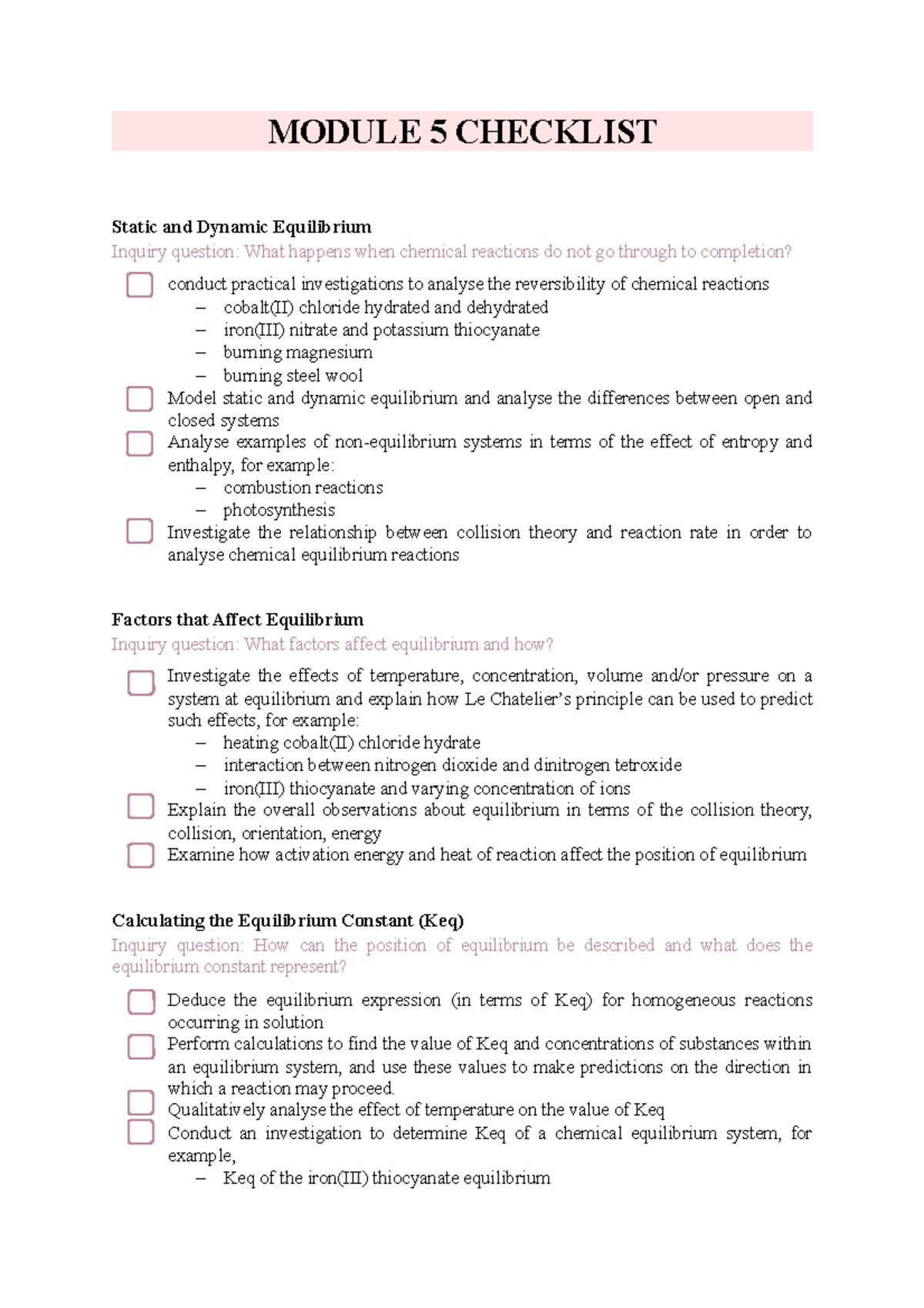 Dot Point Checklist Of NESA Dot Point MODULE 5 CHECKLIST Static And